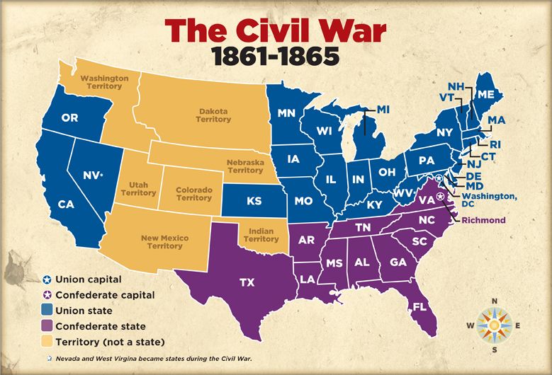 Union Vs Confederate Map Civil War Map With Union, Confederate, Border